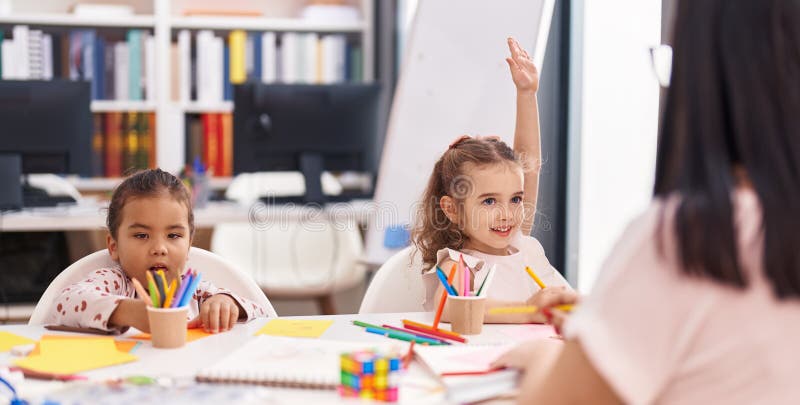 Two Kids Preschool Students Having Lesson with Teacher at Classroom ...