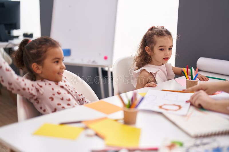 Two Kids Preschool Students Having Lesson with Teacher at Classroom ...