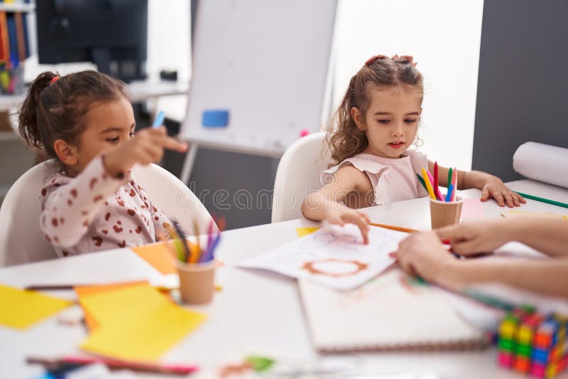 Two Kids Preschool Students Having Lesson with Teacher at Classroom ...