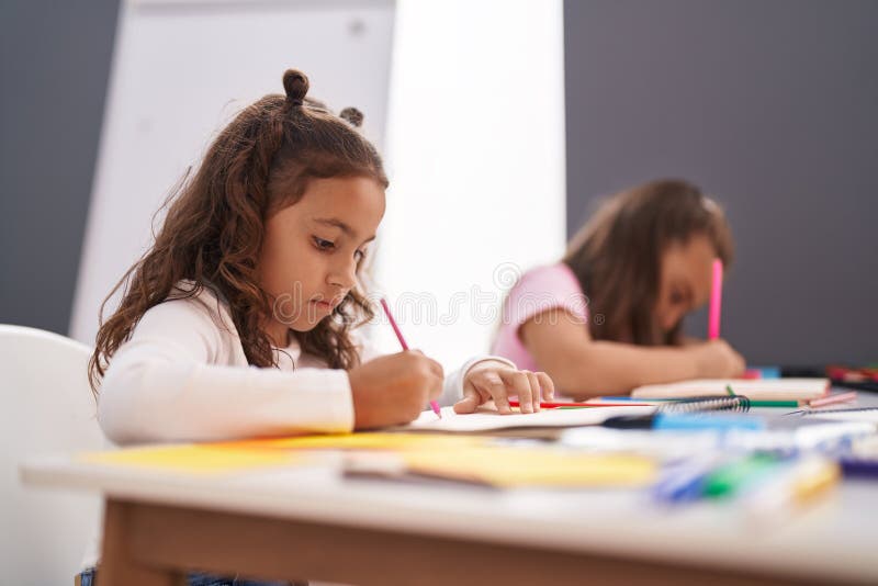 Two Kids Preschool Students Sitting on Table Drawing on Paper at ...