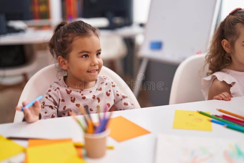 Two Kids Preschool Students Sitting on Table Drawing on Paper at ...