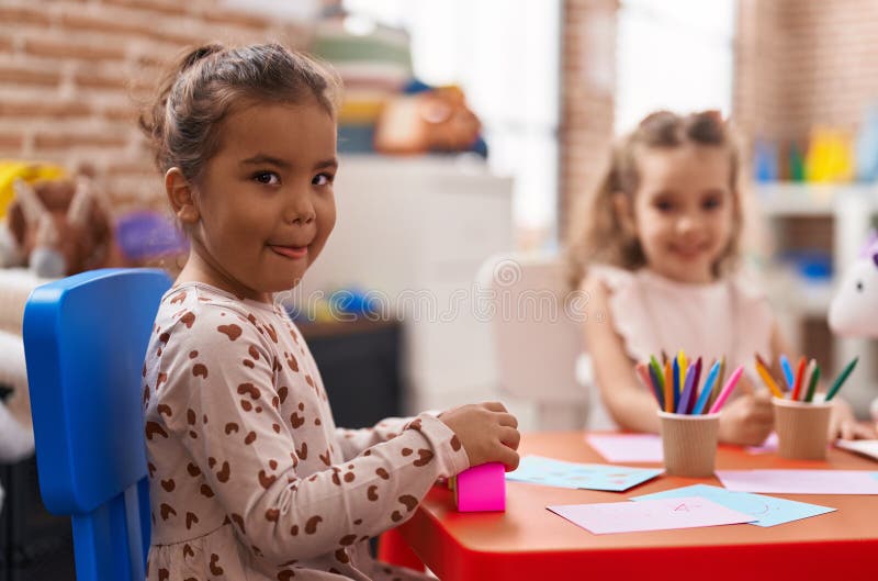 Two Kids Preschool Students Sitting on Table Drawing on Paper at ...