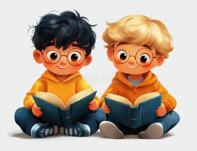 Two Kids Reading a Book Illustration Stock Illustration - Illustration ...