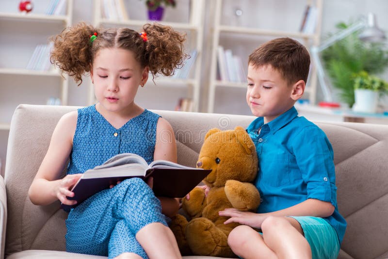 The Two Kids Reading Books at Home Stock Image - Image of homework ...