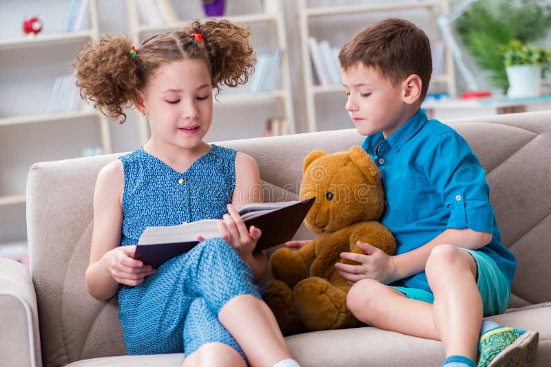 The Two Kids Reading Books at Home Stock Image - Image of homework ...