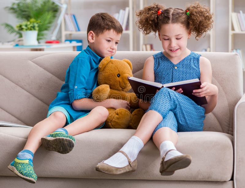 Two Kids Reading Books at Home Stock Photo - Image of intelligent ...