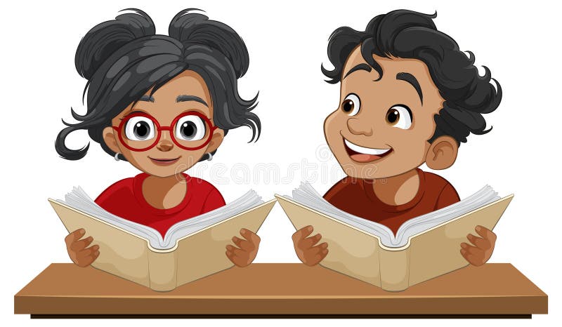 Two Kids Reading Books at a Table Stock Vector - Illustration of ...
