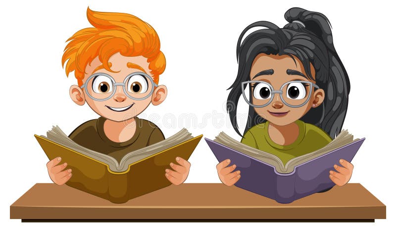 Two Kids Reading Books at a Table Stock Vector - Illustration of ...