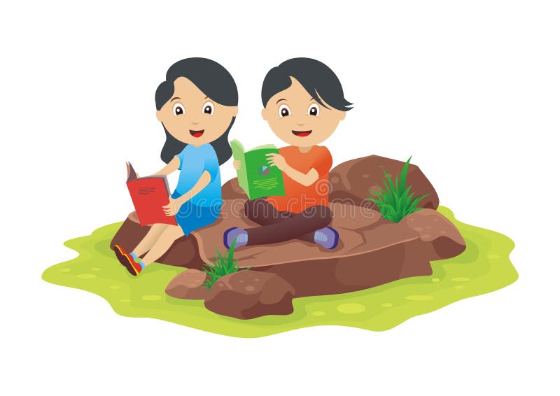 Two kids reading outdoors stock vector. Illustration of writing - 96044991