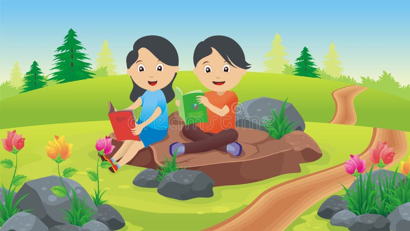Two kids reading outdoors stock vector. Illustration of pupil - 96100050