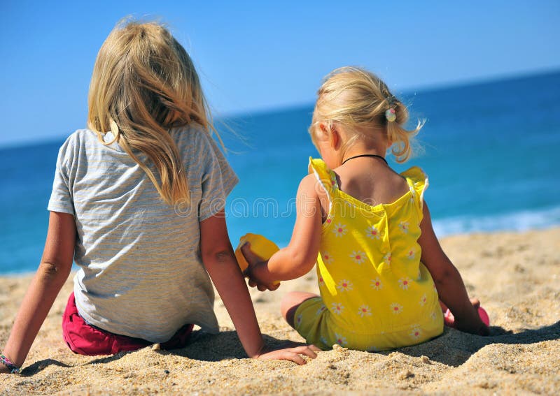 Two Kids Sitting on the Beach on Summer Stock Image - Image of tropical ...