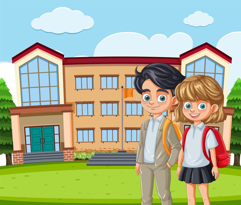 Two kids standing outside stock vector. Illustration of greenery ...