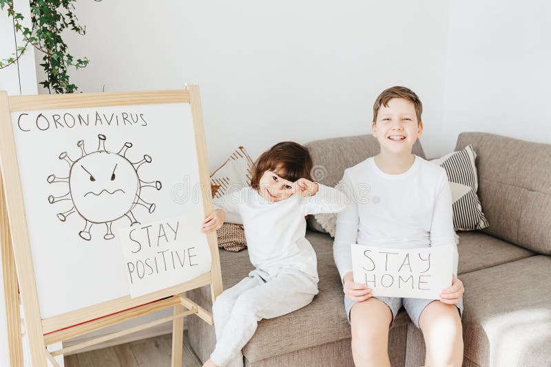 Two Kids with Stay Home Draw and Stay Positive Draw Stock Image - Image ...
