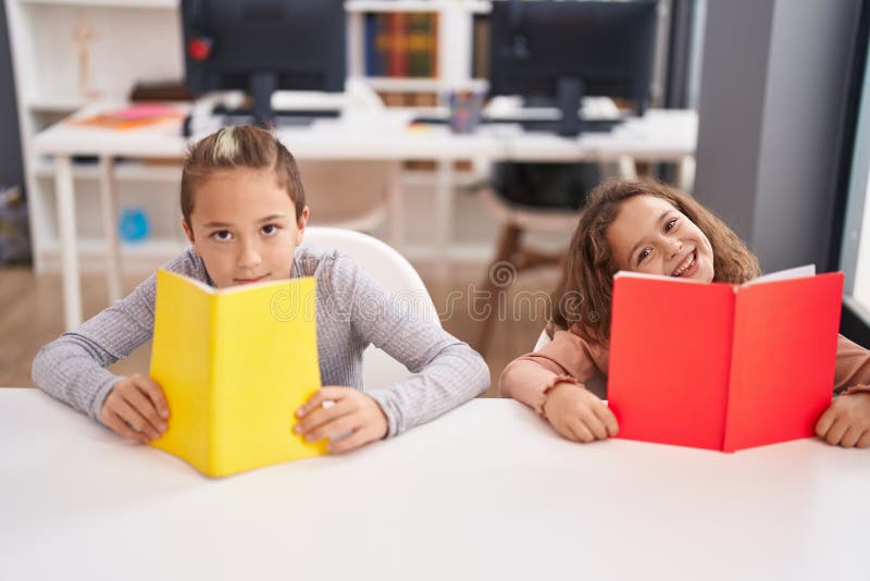 Two Kids Students Reading Book Studying at Classroom Stock Image ...
