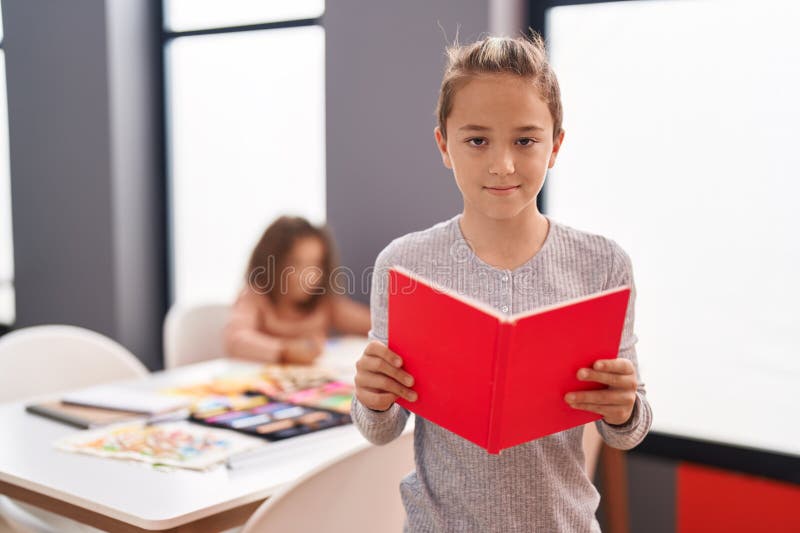 Two Kids Students Reading Book Studying at Classroom Stock Image ...
