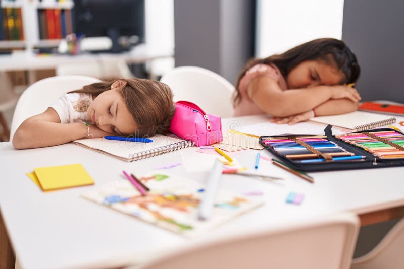 Two Kids Students Sitting on Table Sleeping at Classroom Stock Image ...