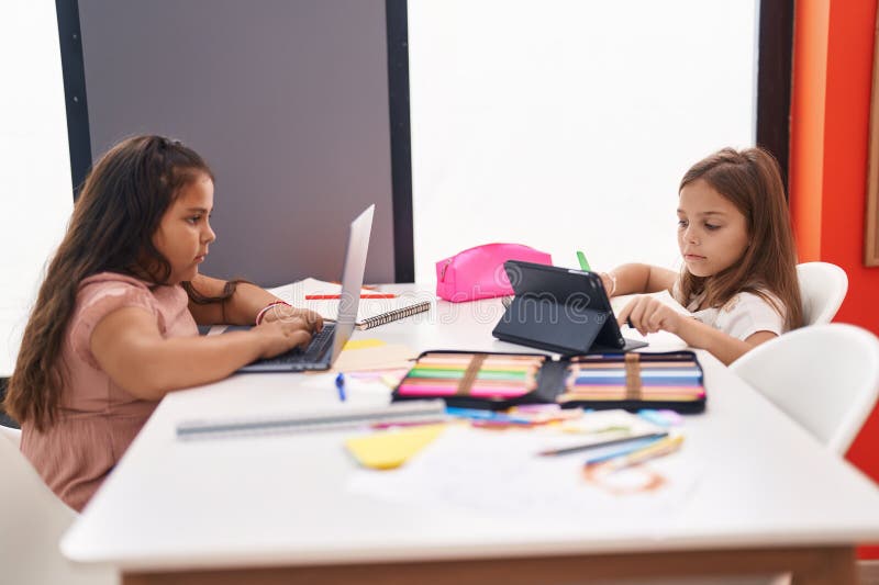 Two Kids Students Sitting on Table Sleeping at Classroom Stock Photo ...