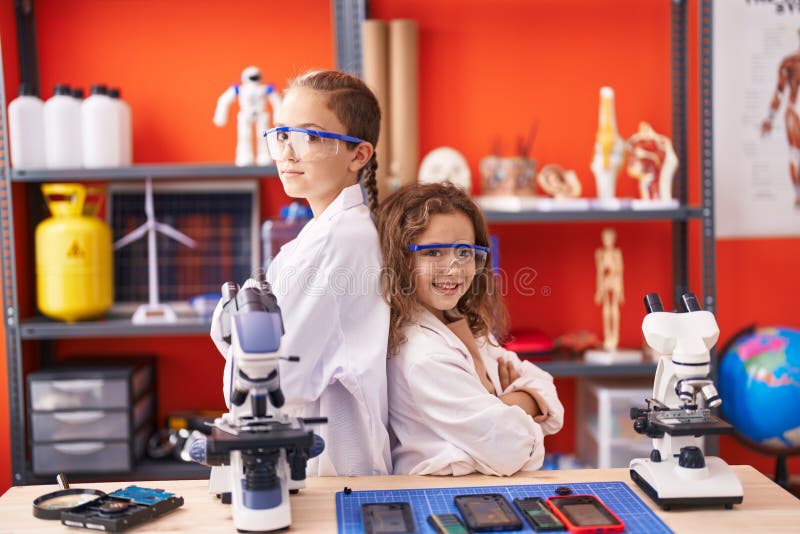 Two Kids Students Standing with Arms Crossed Gesture at Laboratory ...