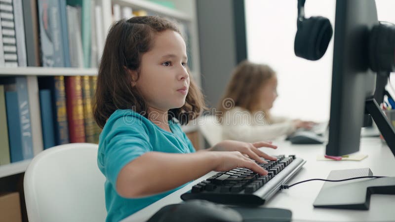 Two Kids Students Using Computer Studying at Classroom Stock Photo ...