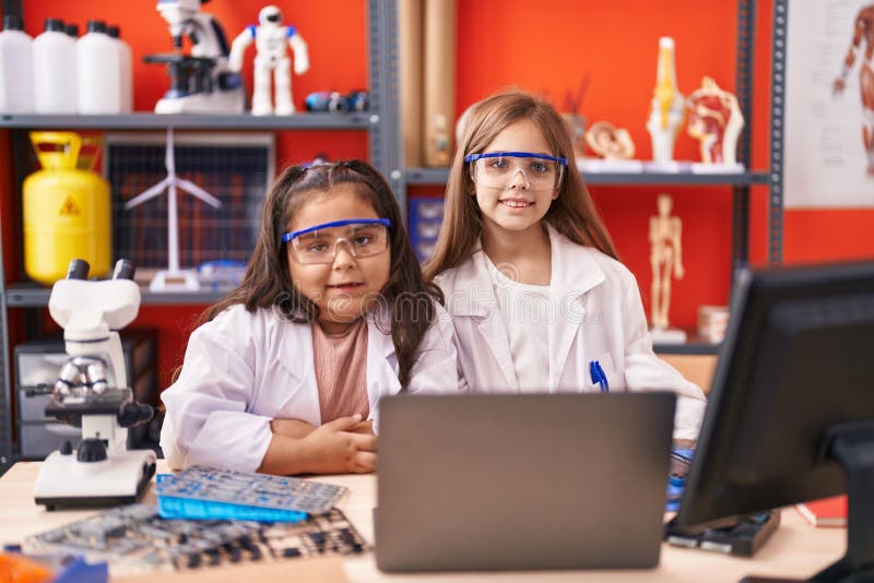 Two Kids Students Using Laptop at Laboratory Classroom Stock Photo ...