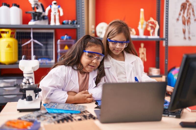 Two Kids Students Using Laptop at Laboratory Classroom Stock Image ...