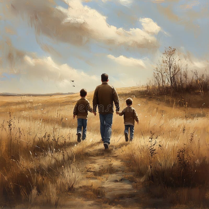 Two Kids are Walking with His Father in the Field Stock Illustration ...