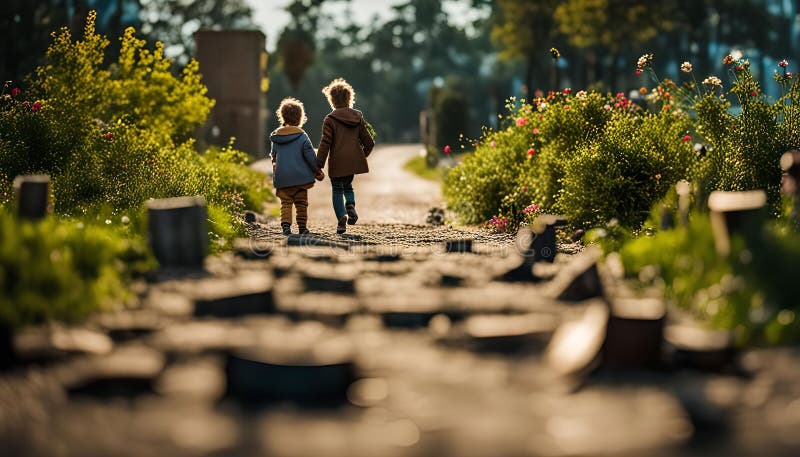 Two Kids Walking on a Path stock illustration. Illustration of family ...
