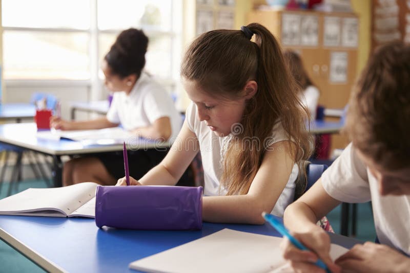 Two Kids Working at Their Desks in Primary School, Crop Shot Stock ...
