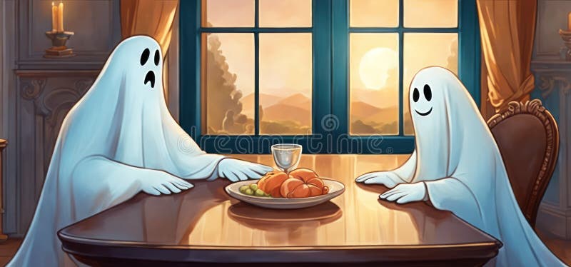 Two Kind Ghosts Sitting at a Table with Cup of Tea or Coffee, Halloween ...