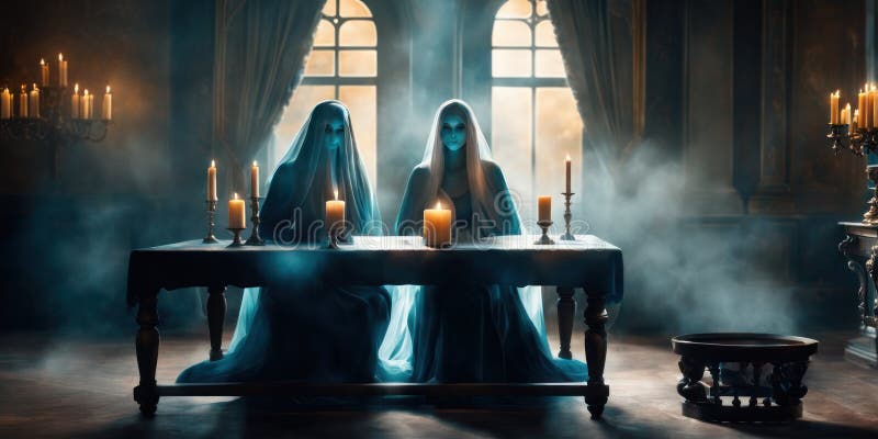 Two Kind Ghosts Sitting at a Table, Halloween Ghost Under a Sheet ...