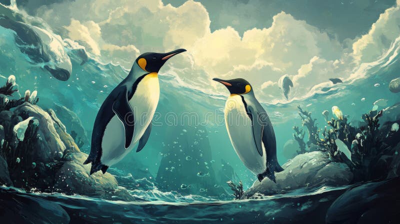 Two King Penguins on Rocks in Teal Ocean Stock Illustration ...