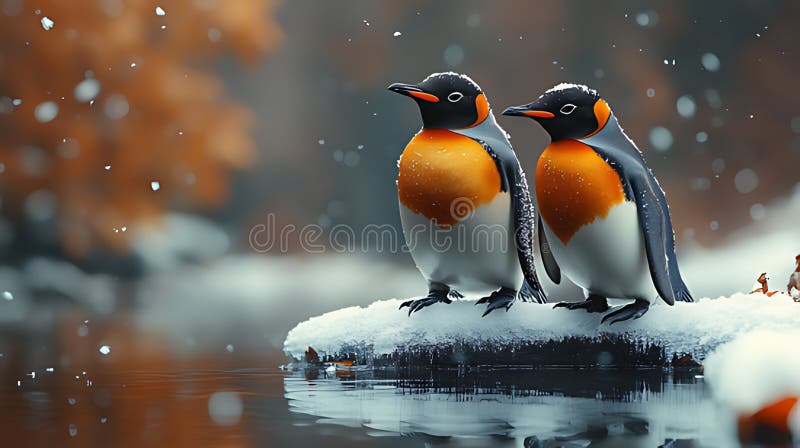 Two King Penguins Standing on Snow Near Water during Snowfall Stock ...