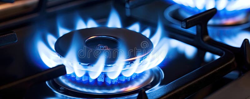 Two Kitchen Gas Stove Burners, Close Up of Blue Flame Stock Photo ...