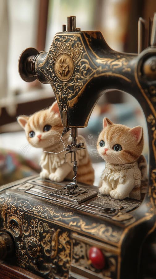 Two Kitten Figurines Sitting on Vintage Sewing Machine Stock Image ...