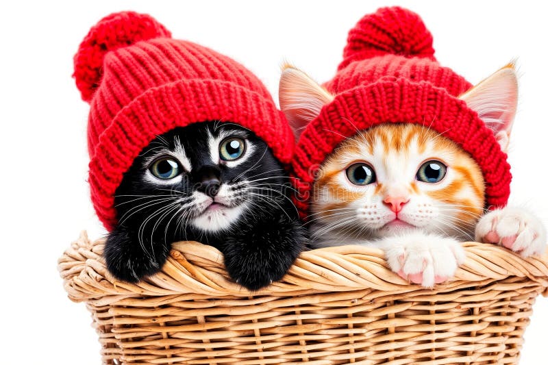 Two Kittens in a Basket with Red Hats Stock Image - Image of knit ...