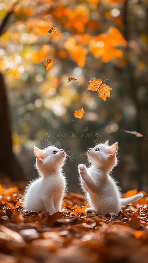 Two Kittens Playing with Leaves in the Fall Stock Photo - Image of ...