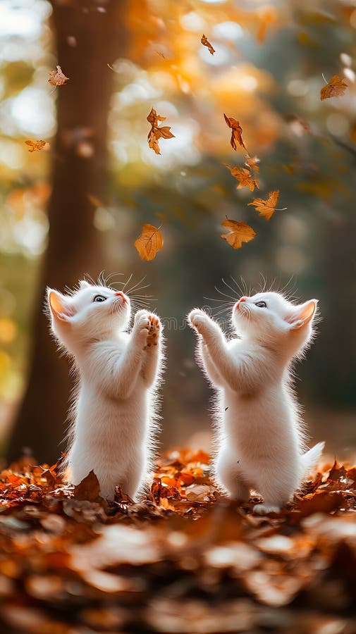 Two Kittens Playing with Leaves in the Fall Stock Photo - Image of ...