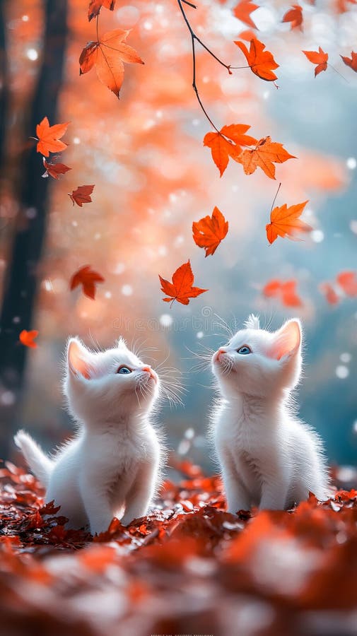 Two Kittens Playing with Leaves in the Fall Stock Photo - Image of eyes ...
