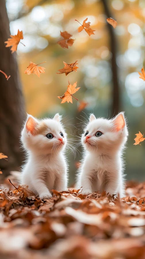 Two Kittens Playing with Leaves in the Fall Stock Photo - Image of ...