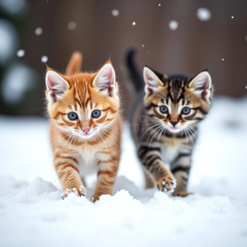 Two Kittens are Playing in the Snow Stock Photo - Image of domestic ...