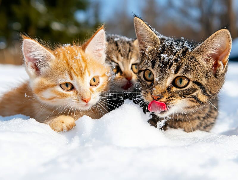 Two Kittens Playing in the Snow Stock Photo - Image of licking, kittens ...