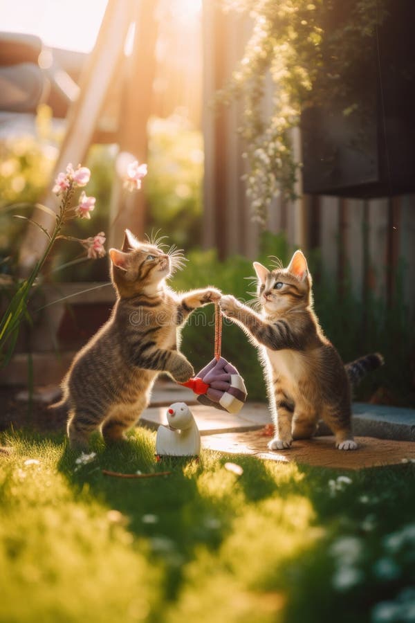 Two Kittens Playing with a Toy in the Grass. Generative AI Image. Stock ...