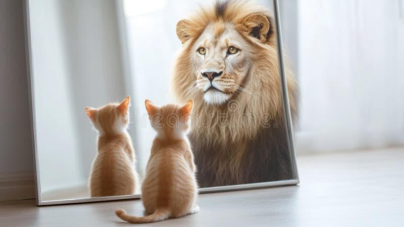 Two Kittens See a Lion S Reflection in a Mirror Stock Illustration ...