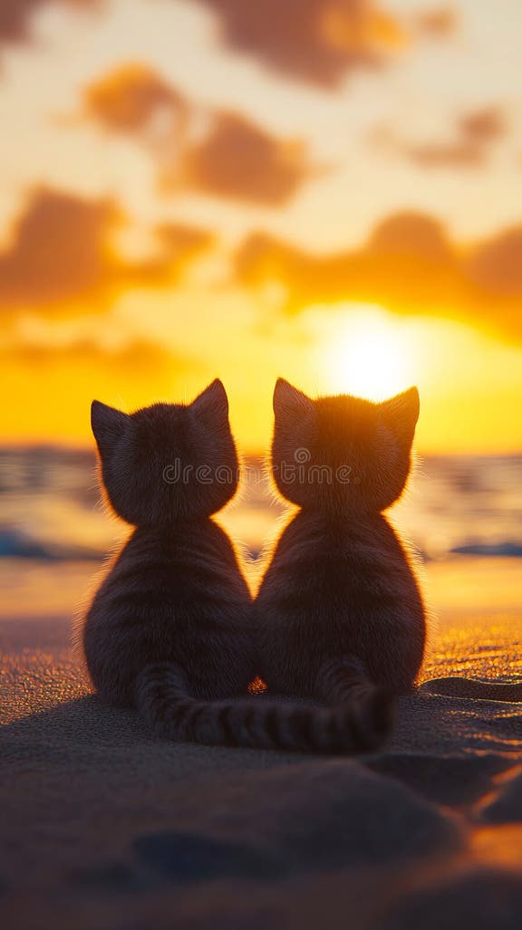 Two Kittens Sitting on the Beach Watching the Sunset Stock Image ...