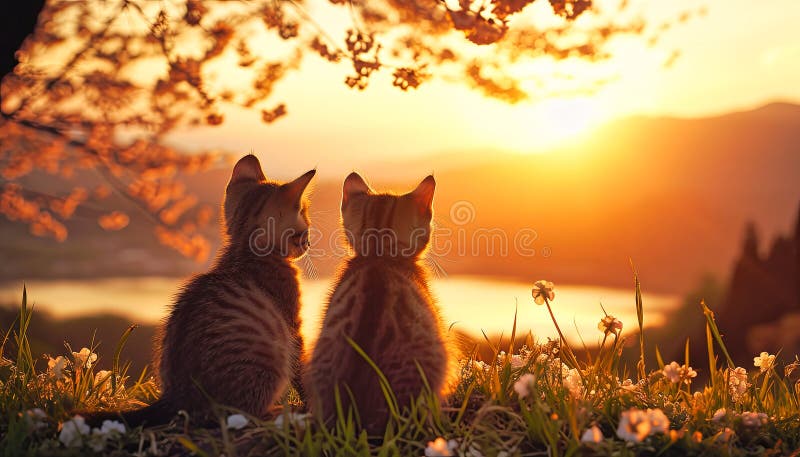 Two Kittens Sitting on a Grass Covered Field Stock Image - Image of ...