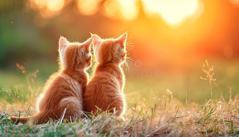 Two Kittens Sitting Looking at the Sunset Stock Image - Image of house ...