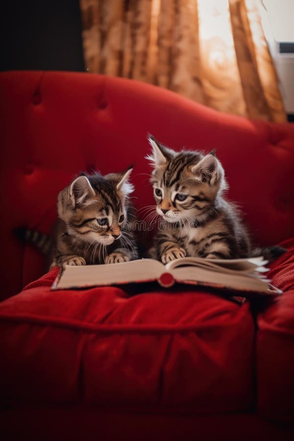 Two Kittens Sitting On A Red Couch Reading A Book Generative Ai Image Stock Illustration