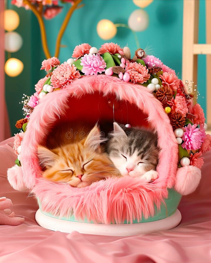 Two Kittens Sleeping in a Pink Bed with Flowers Stock Photo - Image of ...
