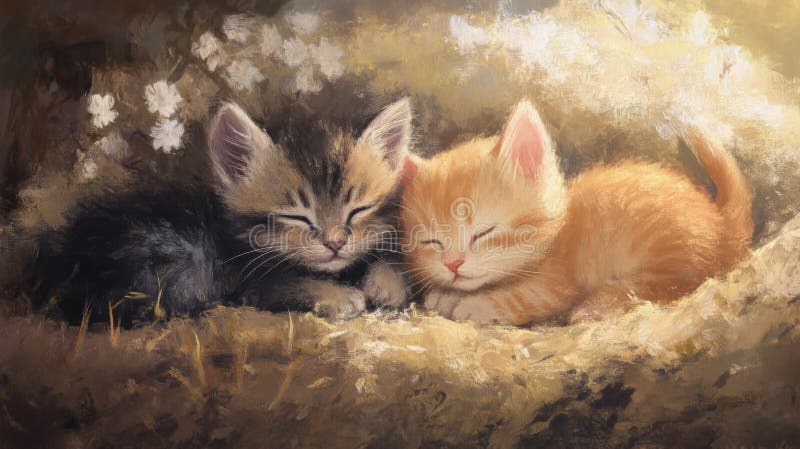 Two Kittens Sleeping Together in a Cozy Nest Stock Illustration ...