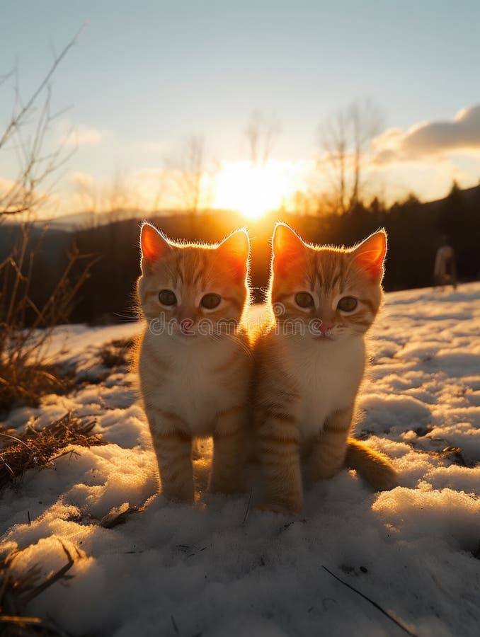 Two Kittens Standing in the Snow at Sunset Stock Illustration ...